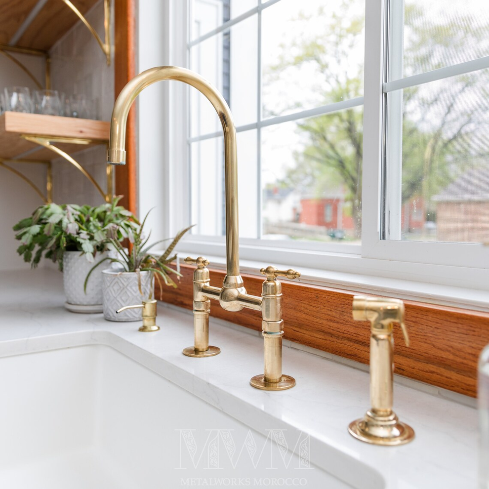 Brass 2-Hole Bridge Kitchen Faucet With Sprayer