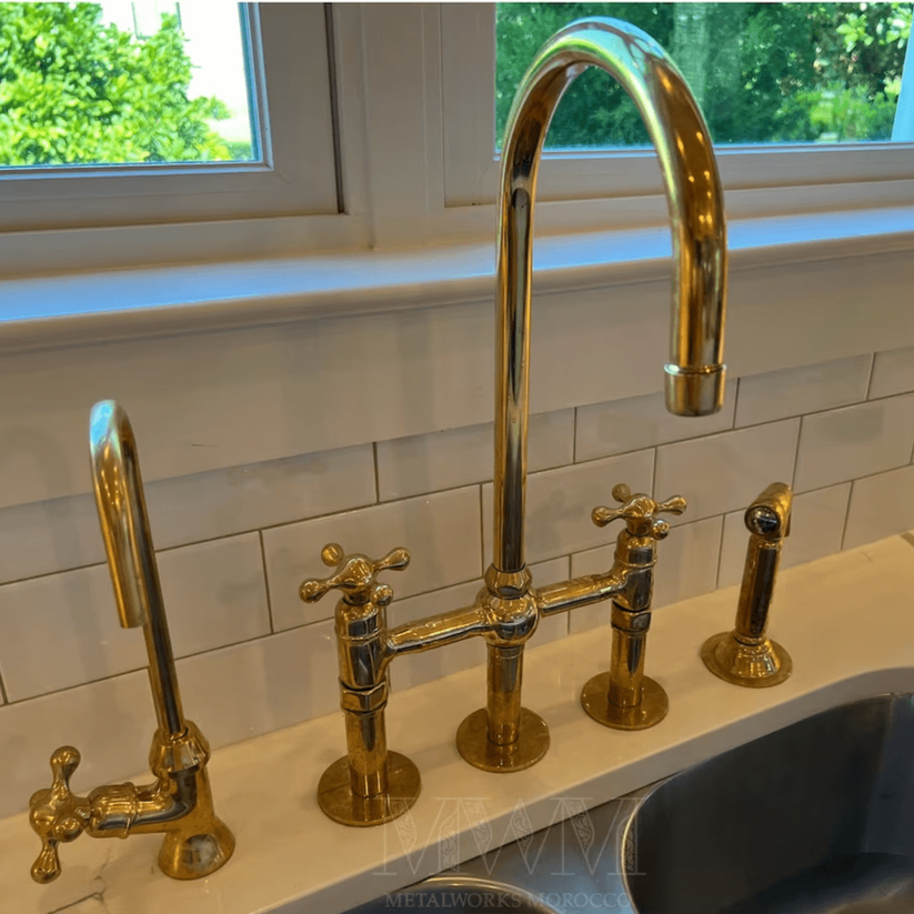 Polished Brass Kitchen Faucet Bridge 3 Hole
