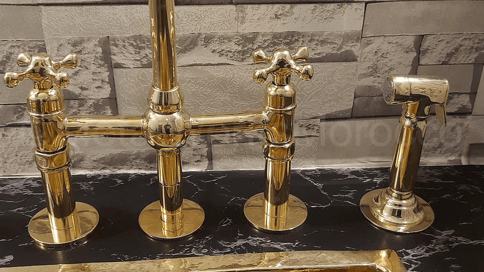 Polished Brass Bridge Kitchen Faucet 3 Hole