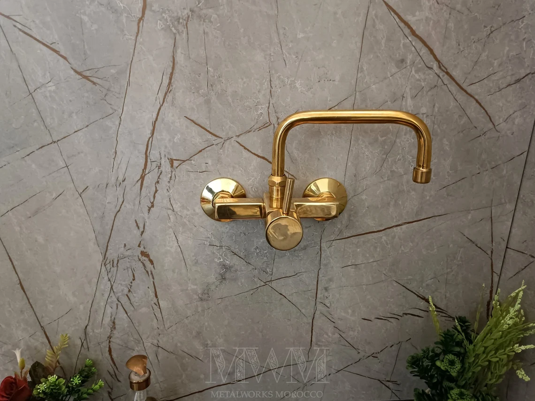 Rectangle Unlacquered Brass Wall Mounted Kitchen Faucet