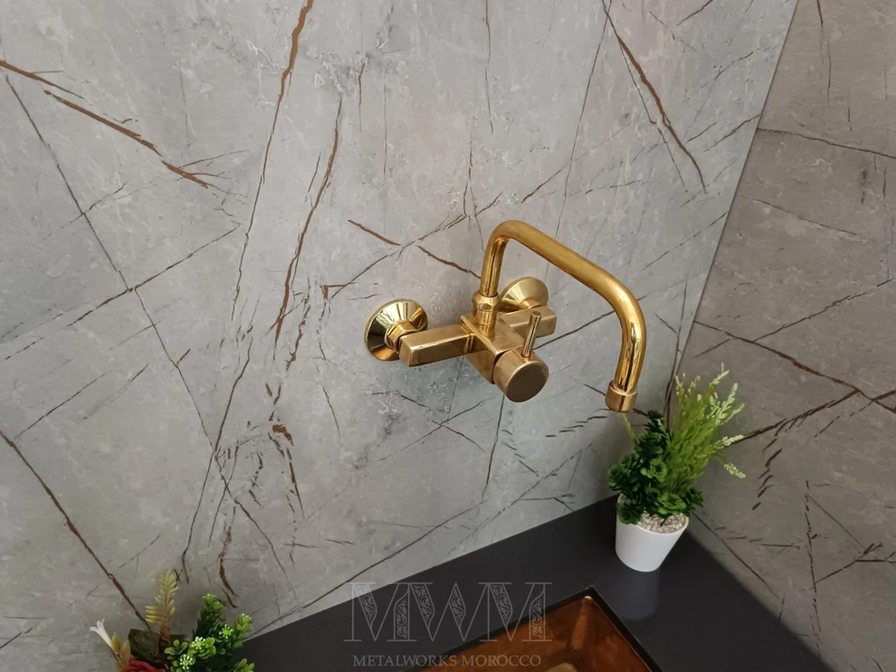 Rectangle Unlacquered Brass Wall Mounted Kitchen Faucet